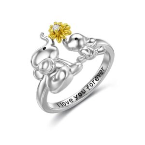 Women Elephant Ring Mother and Child Animal with Sunflowers Ring for Mom Statement Ring (A, 5)