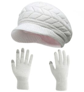 hindawi winter hat gloves for women knit snow ski outdoor newsboy caps touch screen mittens white