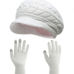 HINDAWI Winter Hat Gloves for Women Knit Snow Ski Outdoor Newsboy Caps Touch Screen Mittens White