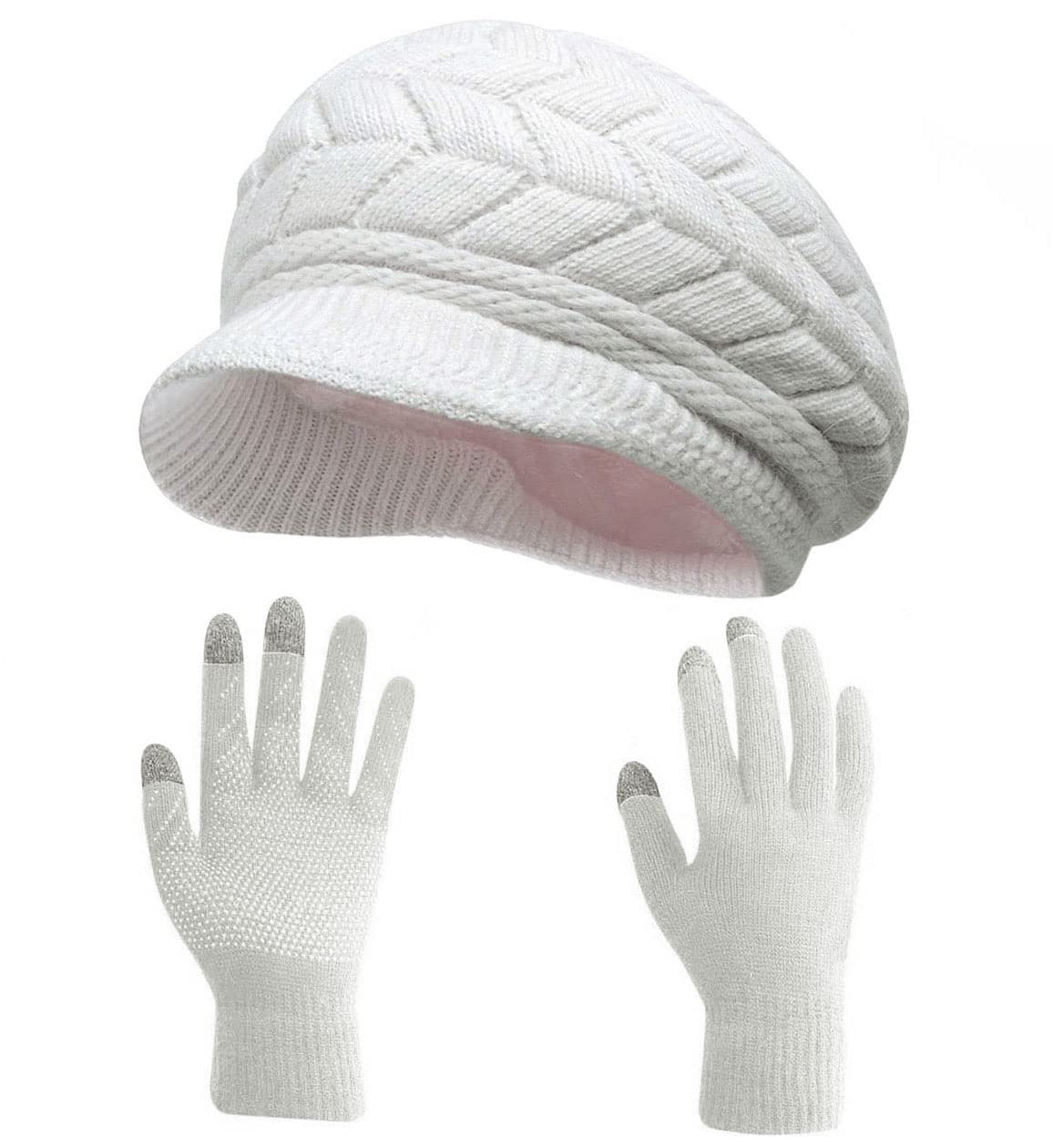 HINDAWI Winter Hat Gloves for Women Knit Snow Ski Outdoor Newsboy Caps Touch Screen Mittens White