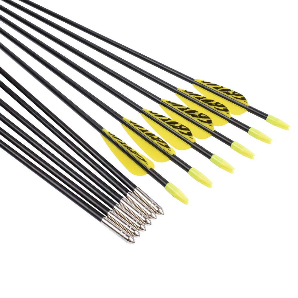 6875 Fiberglass Arrows Archery 26 Inch Target Shooting Safetyglass Recurve Bows Suitable for Youth Children Woman Beginner 6pcs/Pack (tigerspot Yellow Vanes)