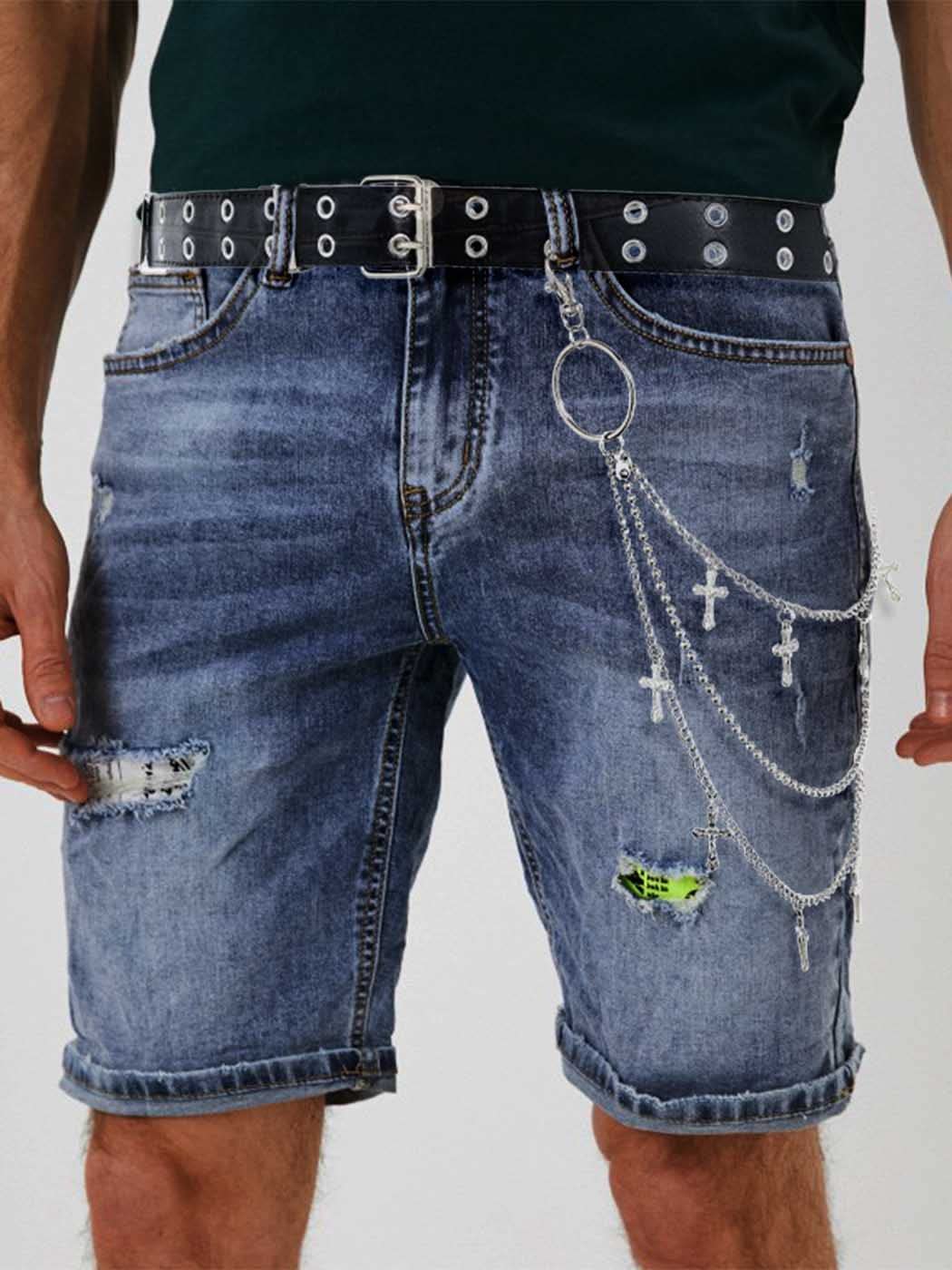 Jemiwa Grommet Leather Belt with Detachable Chain Punk Aesthetic Waist Belt Rock Style Jeans Belt Chains (E)