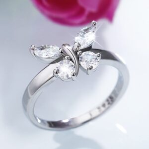 Women's Butterfly Zirconia Diamond Ring Engagement Wedding Rings (Silver, 9)