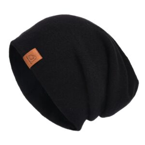 jaxmonoy wool cashmere slouchy knit beanies winter hats for women men soft warm double layer reversible lightweight slouch cuffed skull beanie cap - black