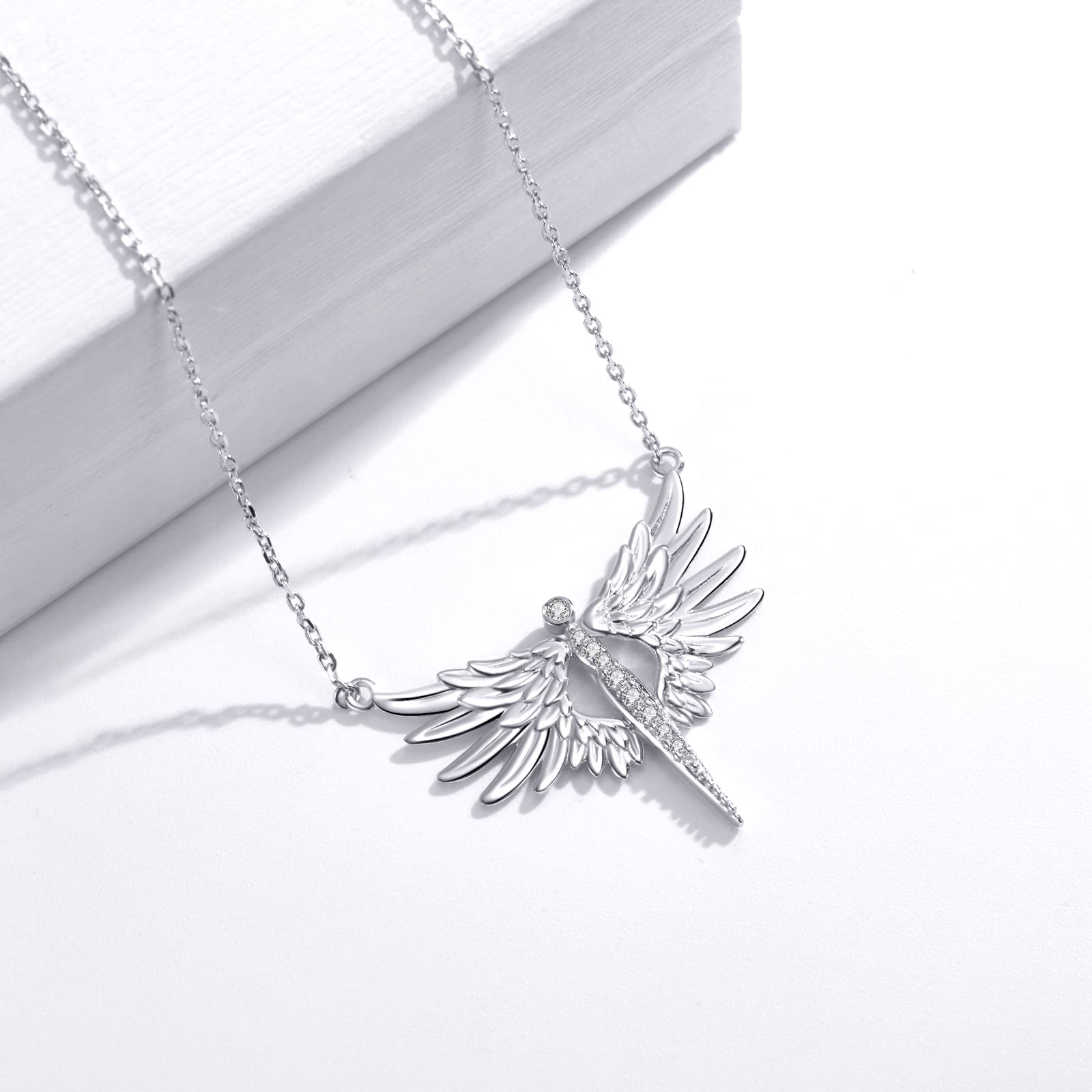 SVODEA Guardian Angel Pendant Necklace for Women 925 Sterling Silver Holy Sword Angel Wings Necklaces with 5A Cubic Zirconia Anniversary Birthday Jewelry Gift for Women