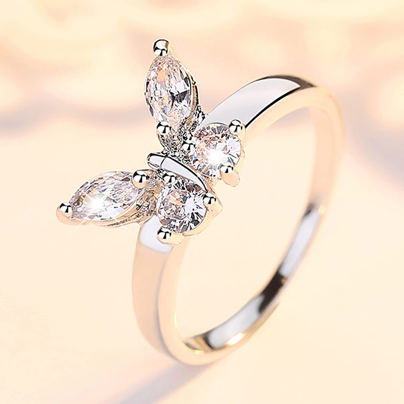 Women's Butterfly Zirconia Diamond Ring Engagement Wedding Rings (Silver, 9)