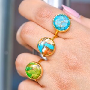 YoTreasure 13x14 MM Blue Copper Turquoise Ring 14k Gold Plated Over 925 Silver Jewelry