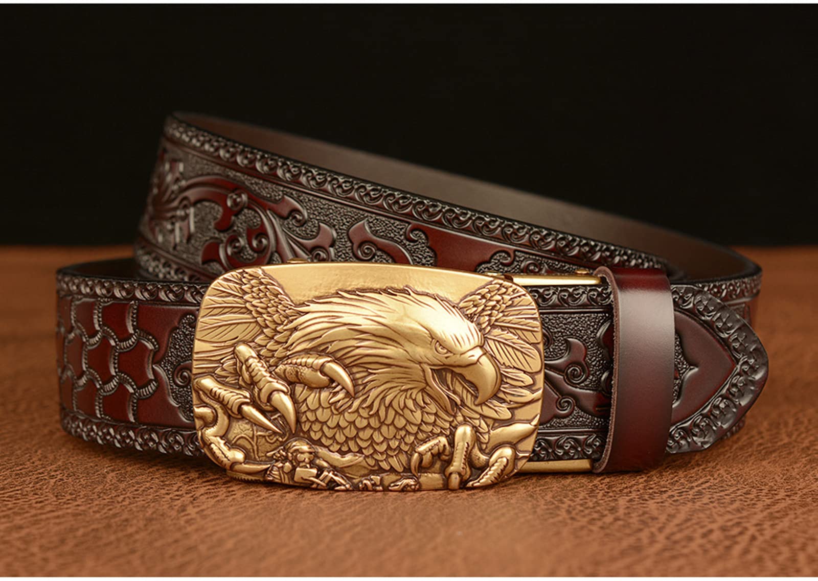 HYJTYA Men's Ratchet Genuine Leather Belt with 3D Eagle Sliding Buckle,Vintage Western Cowboy Leather Engraved Belt (Gold Brown, 39" to 42" Waist Adjustable)