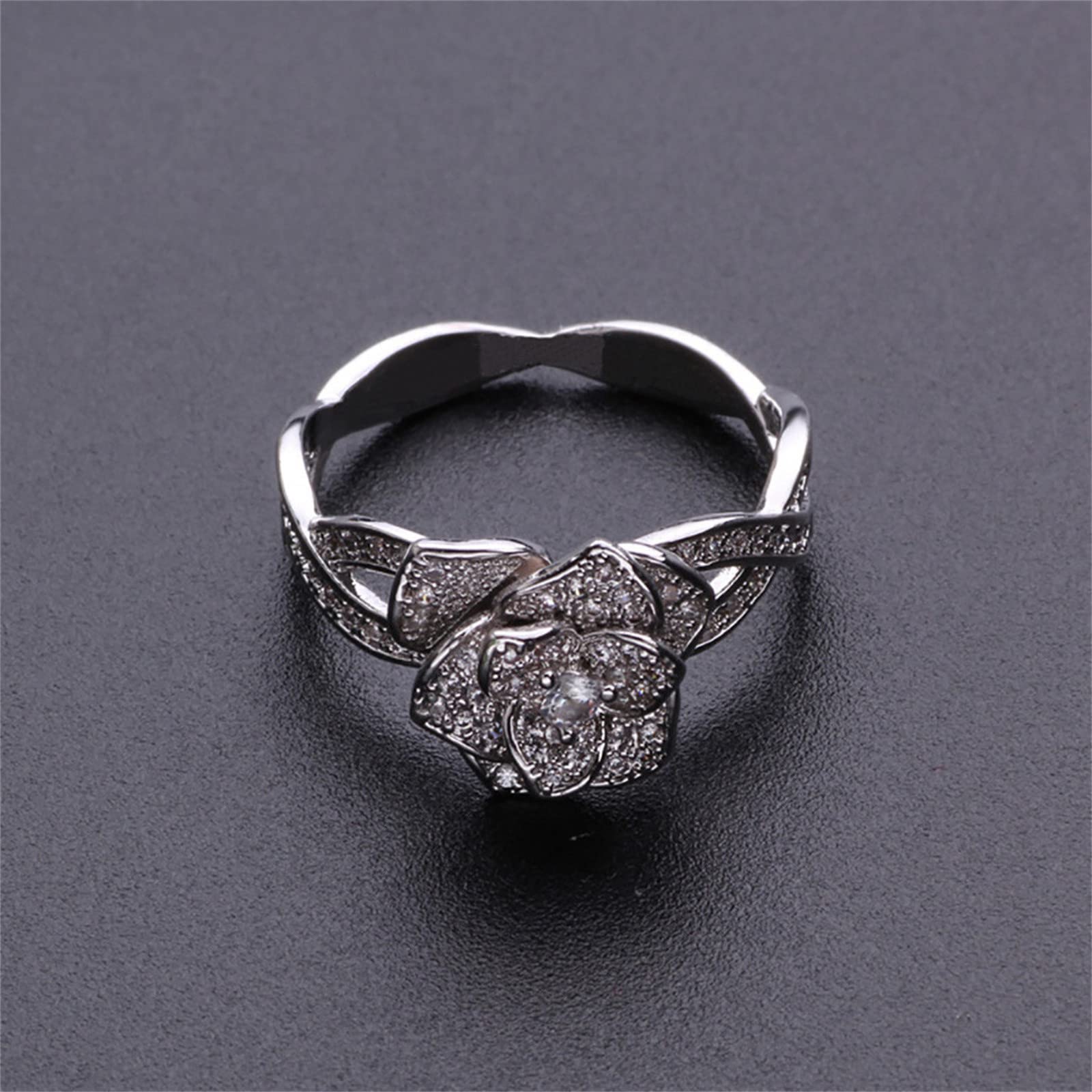 3D Rose Ring CZ Simulated Diamond Ring Flower Ring for Women Anniversary Wedding Engagement Band (Silver, 8)