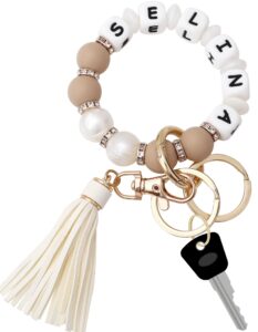 munchewy silicone bead keychain bracelet wristlet personalized name for women house car keyring holder tassel(oatmeal/pearl)