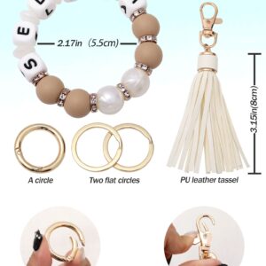 Munchewy Silicone Bead Keychain Bracelet Wristlet Personalized Name for Women House Car Keyring Holder Tassel(Oatmeal/Pearl)