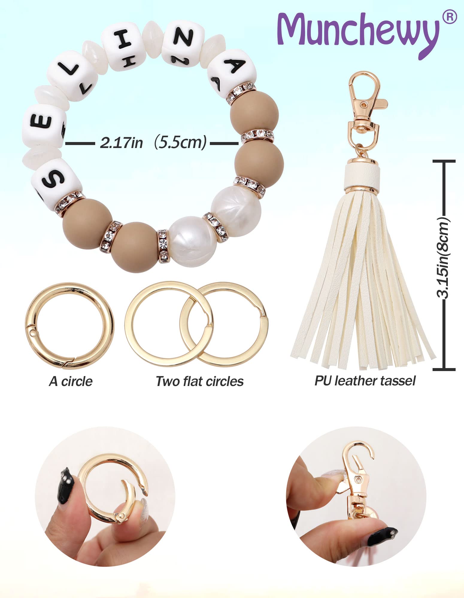 Munchewy Silicone Bead Keychain Bracelet Wristlet Personalized Name for Women House Car Keyring Holder Tassel(Oatmeal/Pearl)