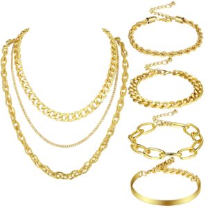 glenmal 7 pcs halloween 90s jewelry set for women gold necklace bracelet sets 80s hip hop jewelry gold party accessories (classic)