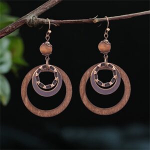 Handmade Lightweight Vintage Bohemian Bronze Bamboo Circle Hoop Dangle Drop Earrings With Nature Bead for Women Statement Jewelry Gifts (Brown 3)