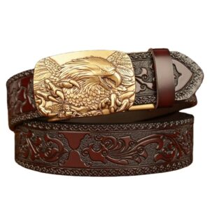 hyjtya men's ratchet genuine leather belt with 3d eagle sliding buckle,vintage western cowboy leather engraved belt (gold brown, 39" to 42" waist adjustable)