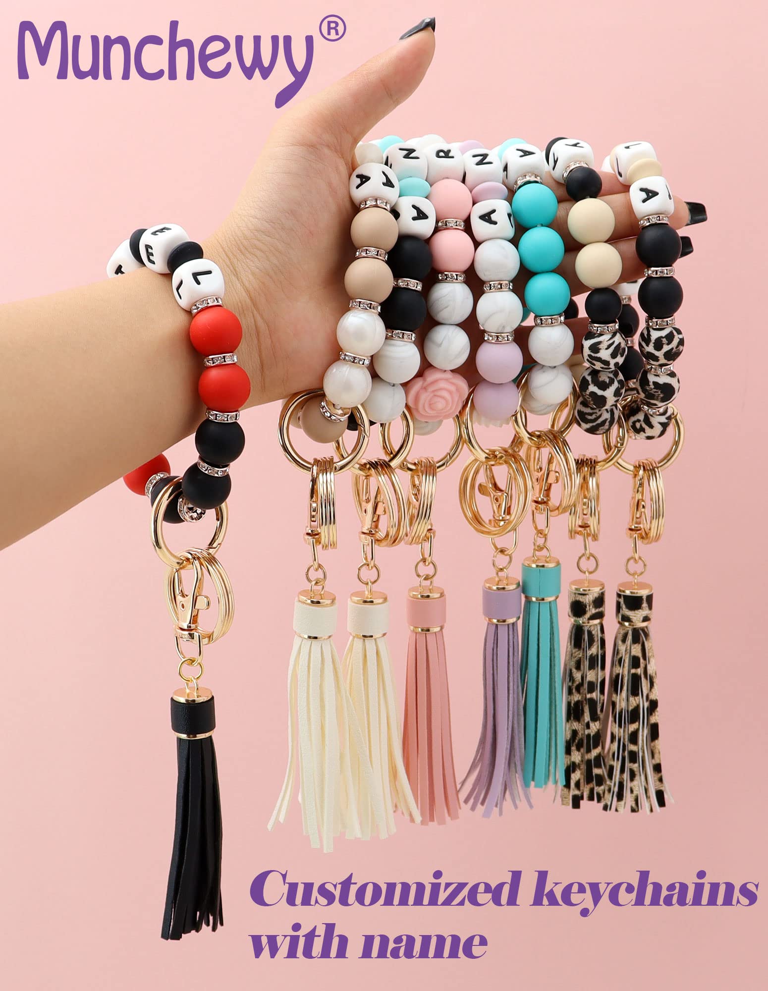 Munchewy Silicone Bead Keychain Bracelet Wristlet Personalized Name for Women House Car Keyring Holder Tassel(Oatmeal/Pearl)