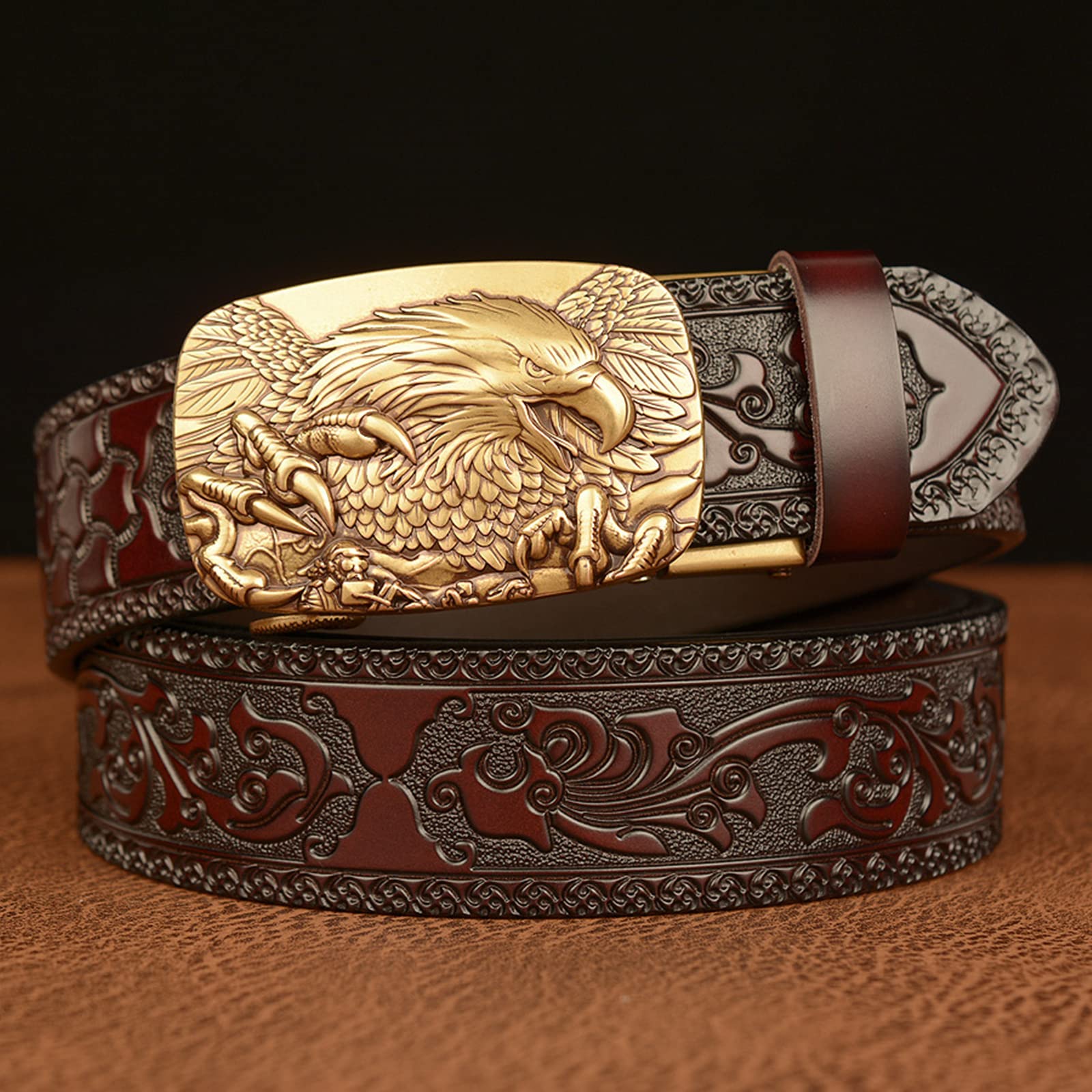 HYJTYA Men's Ratchet Genuine Leather Belt with 3D Eagle Sliding Buckle,Vintage Western Cowboy Leather Engraved Belt (Gold Brown, 39" to 42" Waist Adjustable)