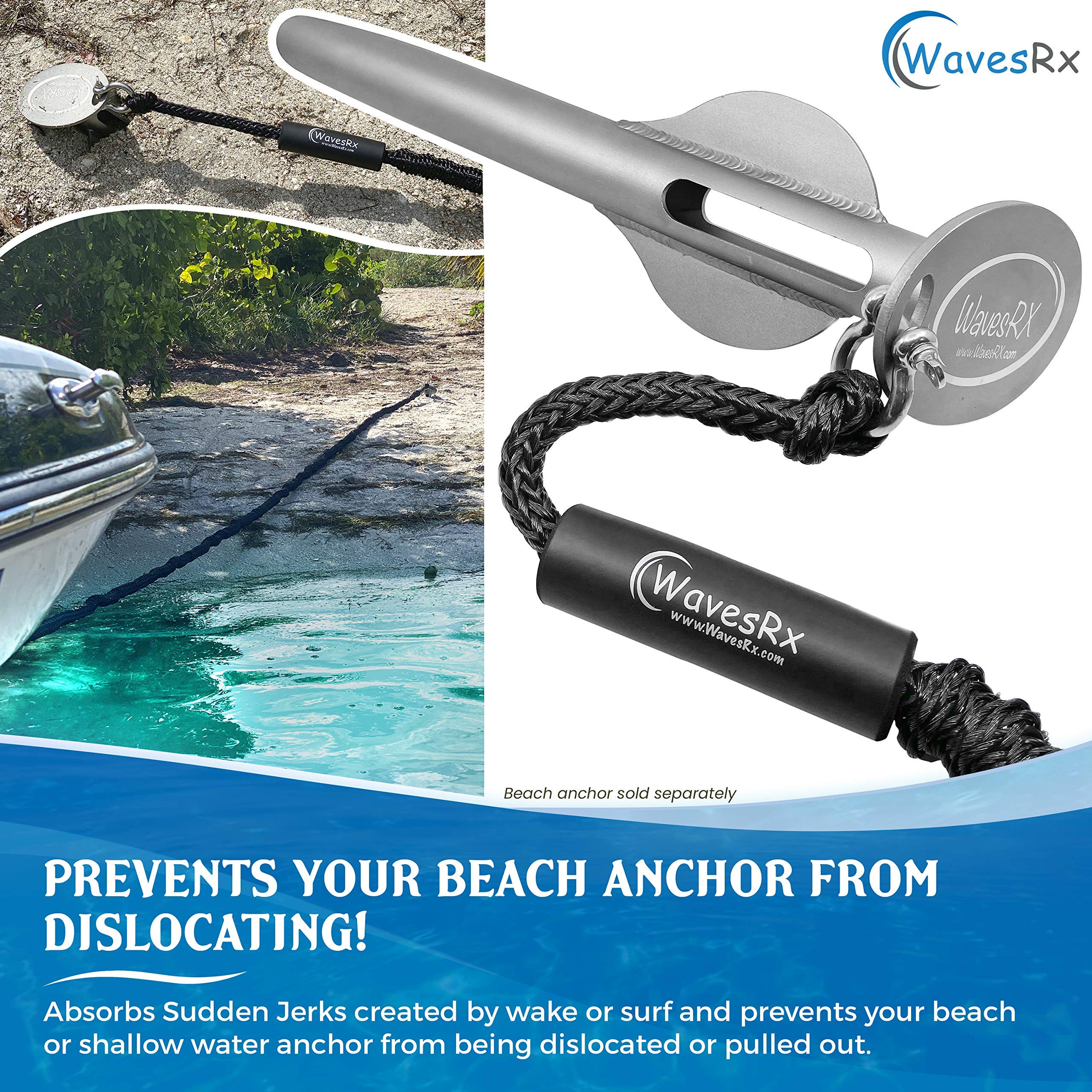 WAVESRX Beach Anchoring Bundle | Aluminum Sand Anchor + Bungee Line 14' | Securely Anchor Your Watercraft in Shallow Water Near Beach or Sandbar | Perfect for Boats, Pontoons, Jet Ski and Other PWC