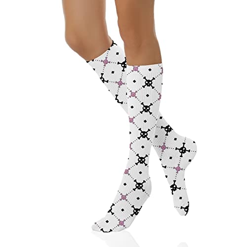 feprena Skull Compression Socks For Women & Men Circulation,Girly Skull,Best for Running,Hiking,Cycling,Travel,White Pink -20 inch