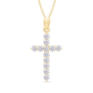 savearth diamonds 1 1/10 carat round cut lab created moissanite diamond cross pendant necklace in 14k yellow gold over sterling silver for women with 18" chain(vvs1 clarity, 1.10 cttw)