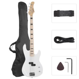 glarry gp series full size electric bass guitar 4 string beginner kit canadian maple fingerboard with cable, strap, bag and accessories (white)