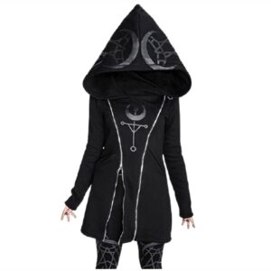 halloween hoodie for women gothic moon print zip up hoodies long sleeve punk hooded jacket long hoodies top black