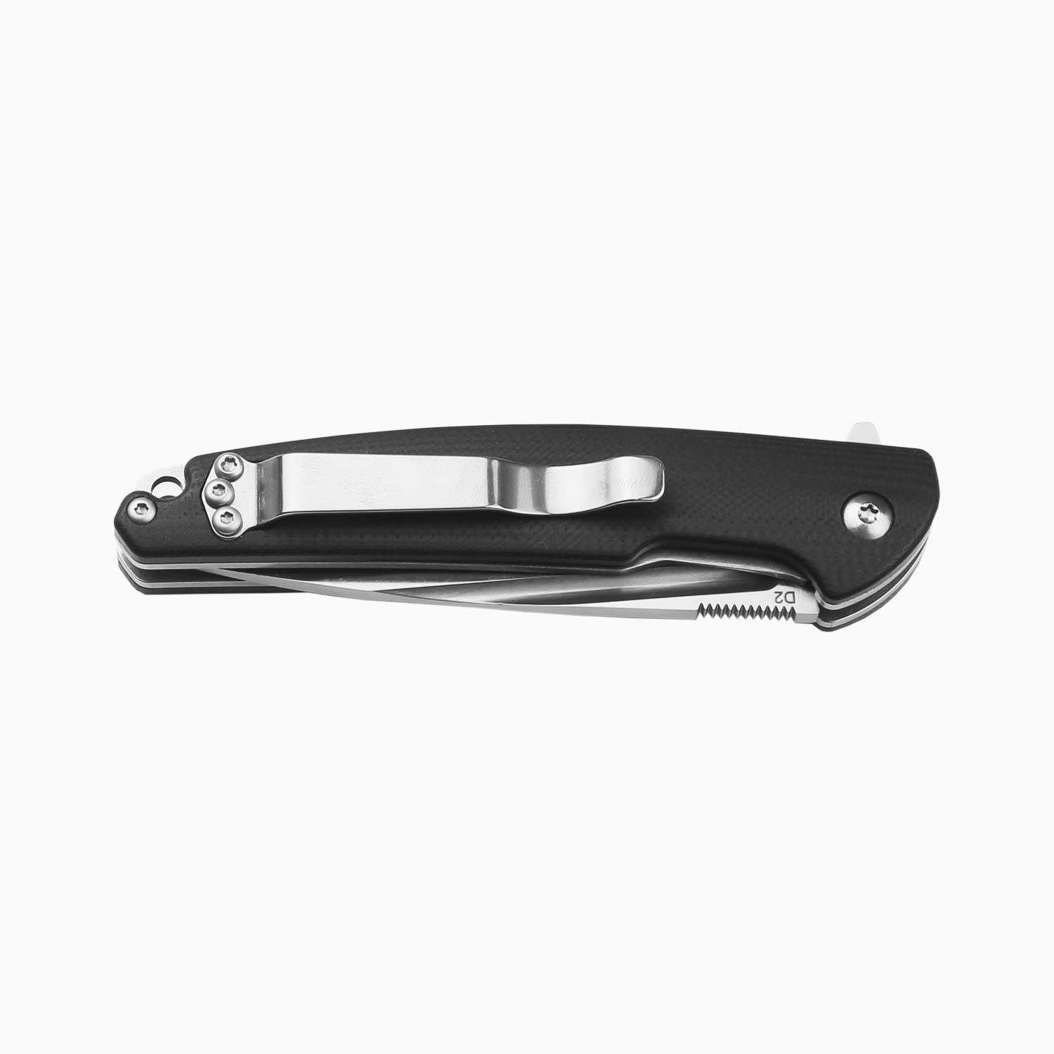 JKR Bearing assisted opening knife, black fiber handle and 3.14 in. D2 satin-finished steel blade, includes belt clip, total length 7.28 in., PRO10005 tool for fishing, hunting, camping and hiking