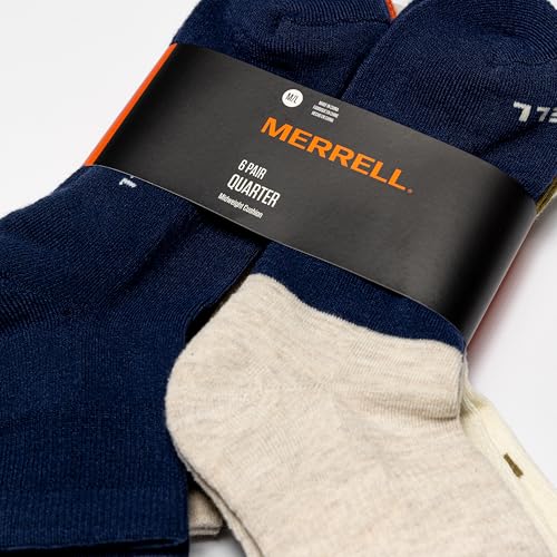 Merrell Unisex-Adult's Recycled Cushioned Socks Pack-Hiking Arch Support & Moisture Management, Ankle-Navy Assorted (6 Pairs), S/M (Men's 5-8.5 / Women's 5-9.5)