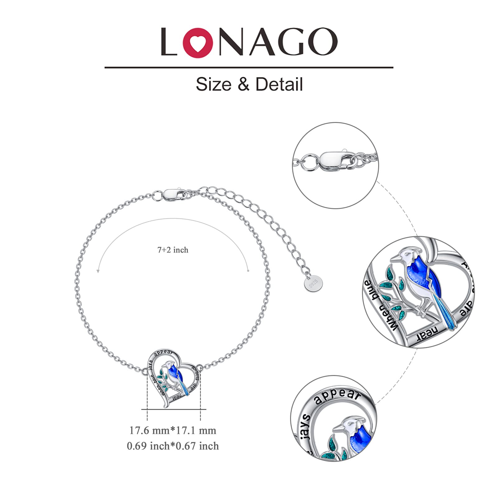 LONAGO 925 Sterling Silver Blue Jay Bracelet Bluebird of Happiness Adjustable Link Chain Our Love Never Dies Jewelry Gifts for Women