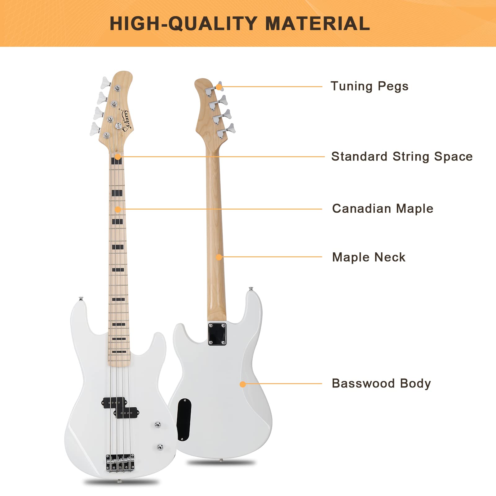 GLARRY GP Series Full Size Electric Bass Guitar 4 String Beginner Kit Canadian Maple Fingerboard with Cable, Strap, Bag and Accessories (White)