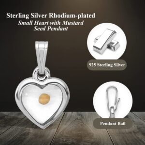 Auriga Fine Jewelry 925 Sterling Silver Rhodium-plated Small Heart with Mustard Seed Pendant for Women (L- 0.59 Inch, W- 0.51 Inch)