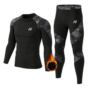 meetwee thermal underwear for men, fleece lined base layer set cold weather ski gear top & long johns for skiing motorcycle camo