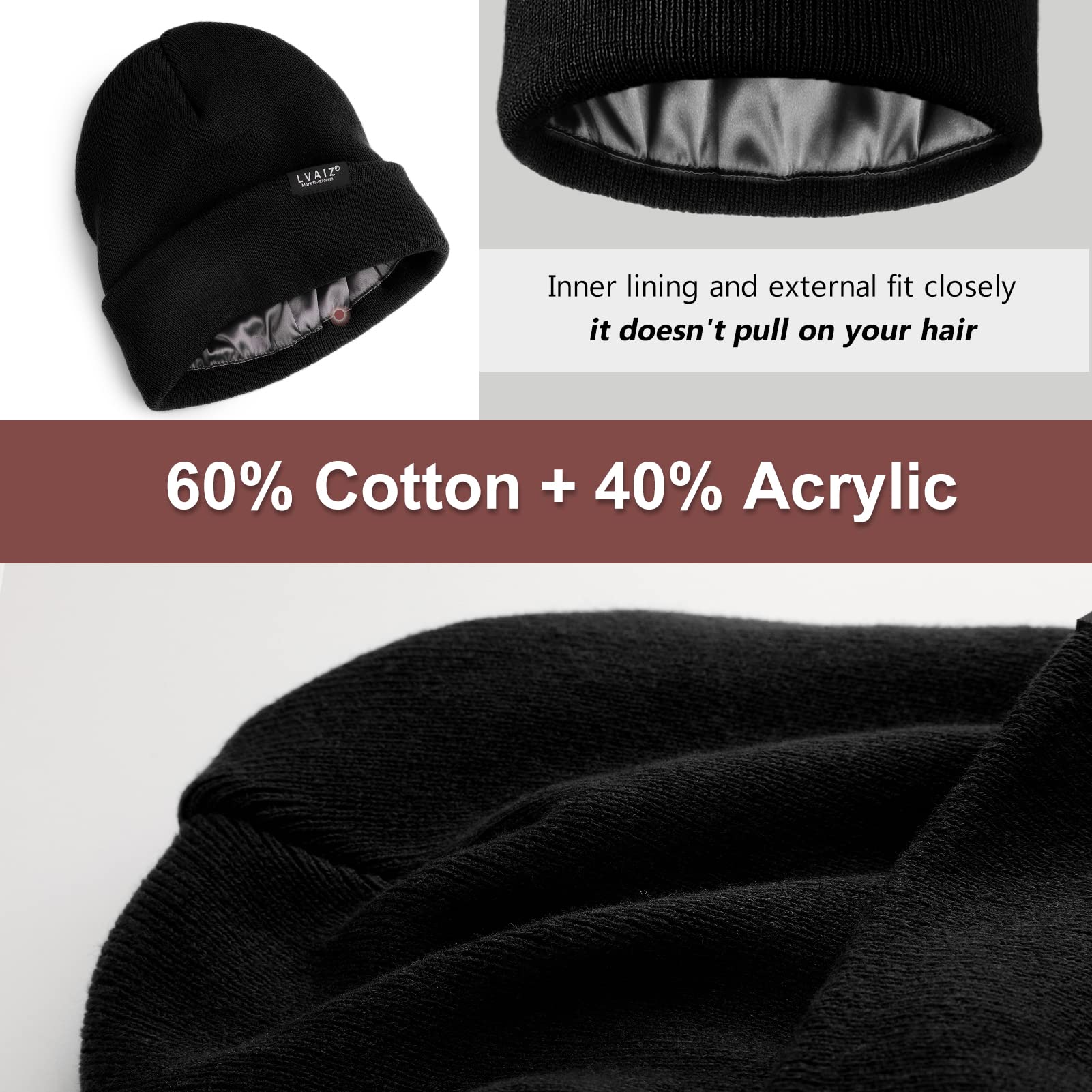 Satin Lined Winter Beanie Hats for Women Unisex Cotton Knitted Cuffed Knit Hat with Silky Lining Slouchy Skull Cap Black