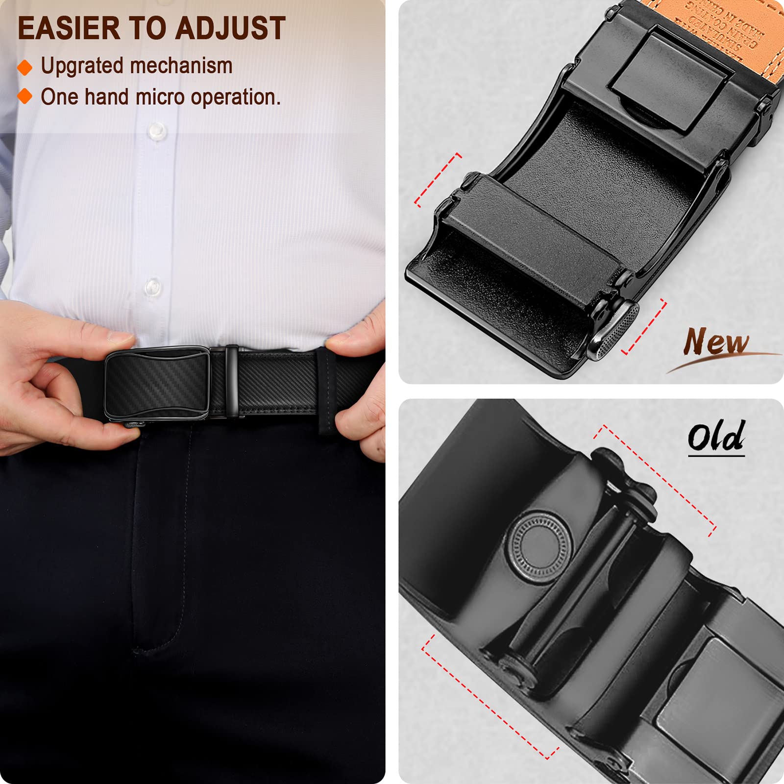 BULLIANT Mens Ratchet Belt,Leather Adjustable Slide Belt For Gift Mens Dress Casual 1 3/8",Size Adjustable(Black,32"-38" Waist Adjustable)