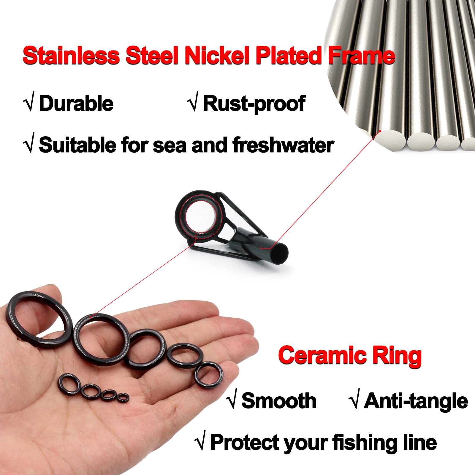 FishTrip Rod Tip Repair Kit 20pcs Fishing Rod Tips Replacement Kit Stainless Steel Ceramic Guides Ring Fishing Pole Eyelets Repair Kit