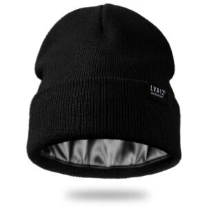 satin lined winter beanie hats for women unisex cotton knitted cuffed knit hat with silky lining slouchy skull cap black