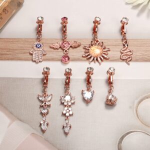 JOERICA 8 Pcs Fake Belly Rings for Women Stainless Steel Clip on Belly Button Rings Evil Eye Snake Butterfly Heart with Wing Opal CZ Fake Belly Button Piercing Navel Non Piercing Jewelry