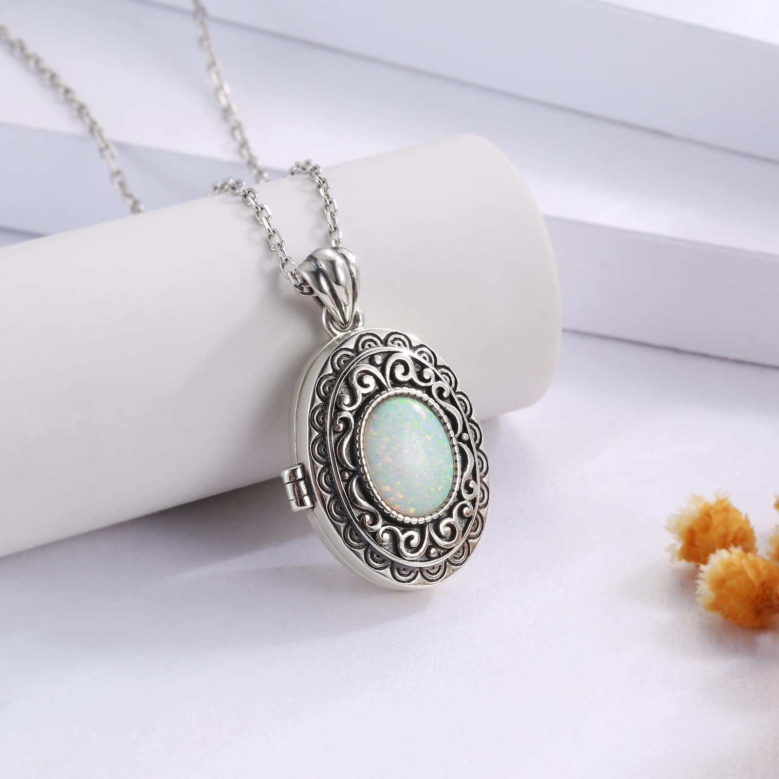 MANBU Sterling Silver Locket Necklace for Women Oval-Shaped Locket Pendant Holds Pictures Always with You Vintage Style Photos Locket Jewelry Gifts for Loved One (opal locket necklace)