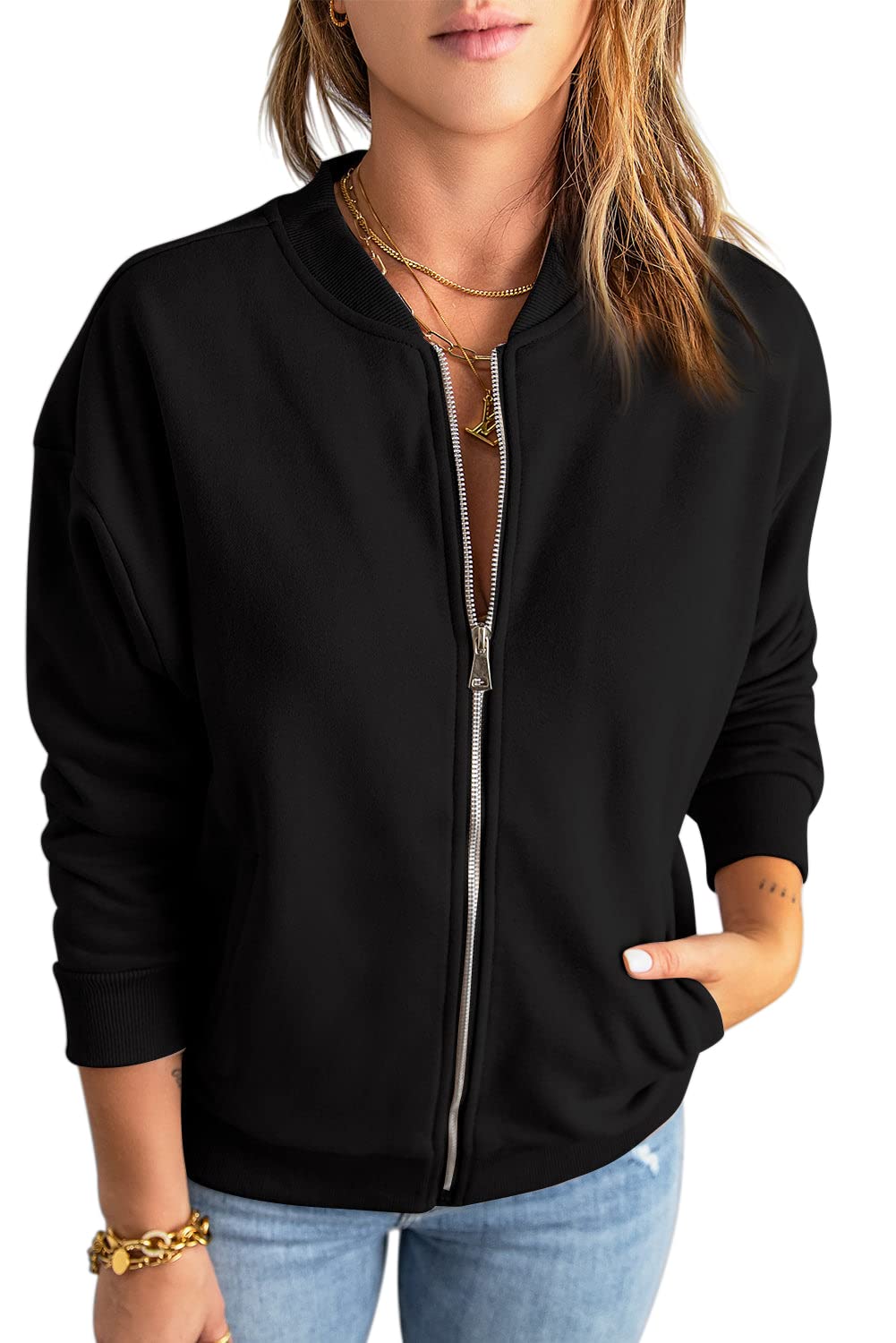 GeGekoko Womens Zip Up Sweatshirts Jackets Long Sleeve Casual Loose Outwear with Pockets Black