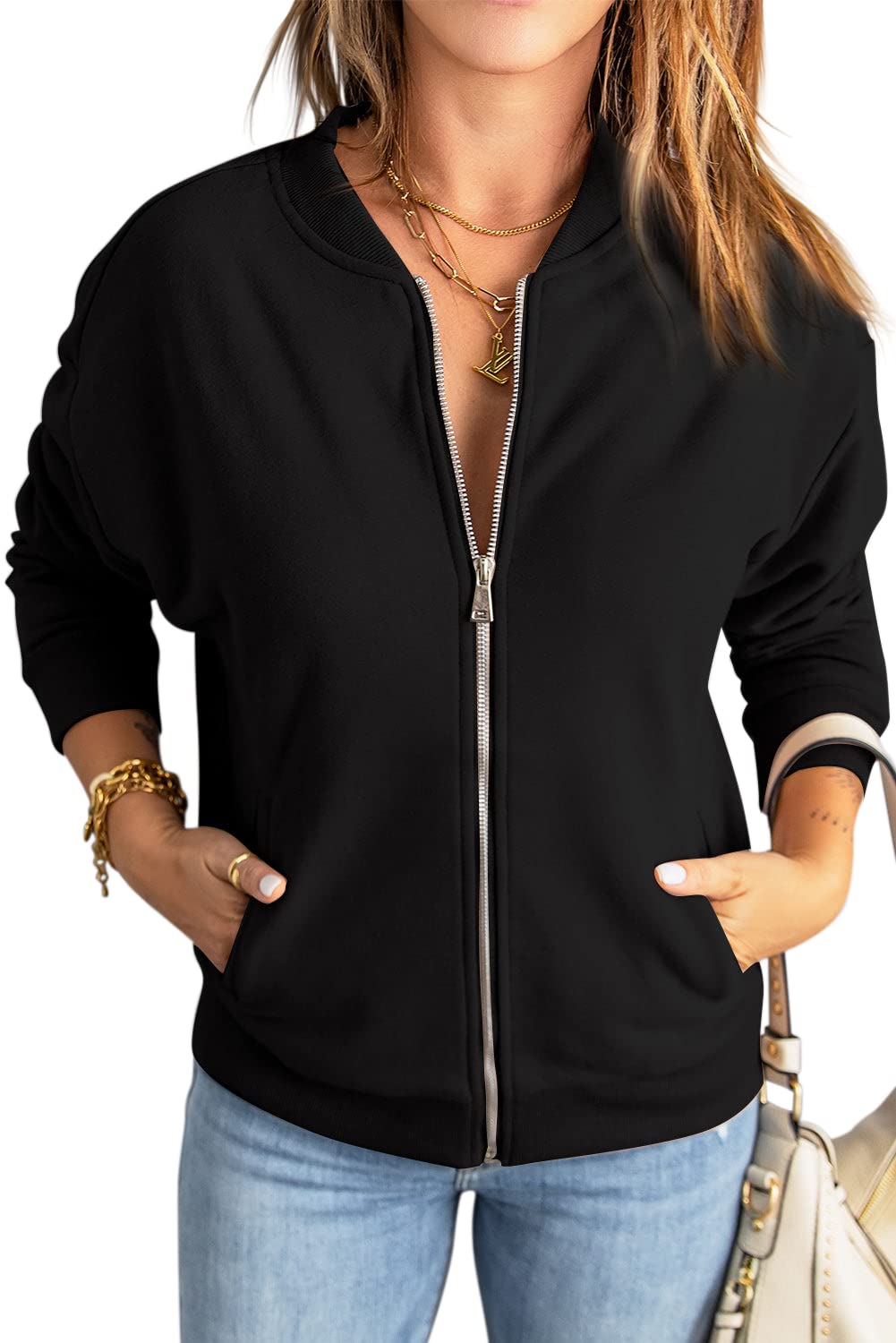 GeGekoko Womens Zip Up Sweatshirts Jackets Long Sleeve Casual Loose Outwear with Pockets Black