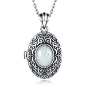 manbu sterling silver locket necklace for women oval-shaped locket pendant holds pictures always with you vintage style photos locket jewelry gifts for loved one (opal locket necklace)