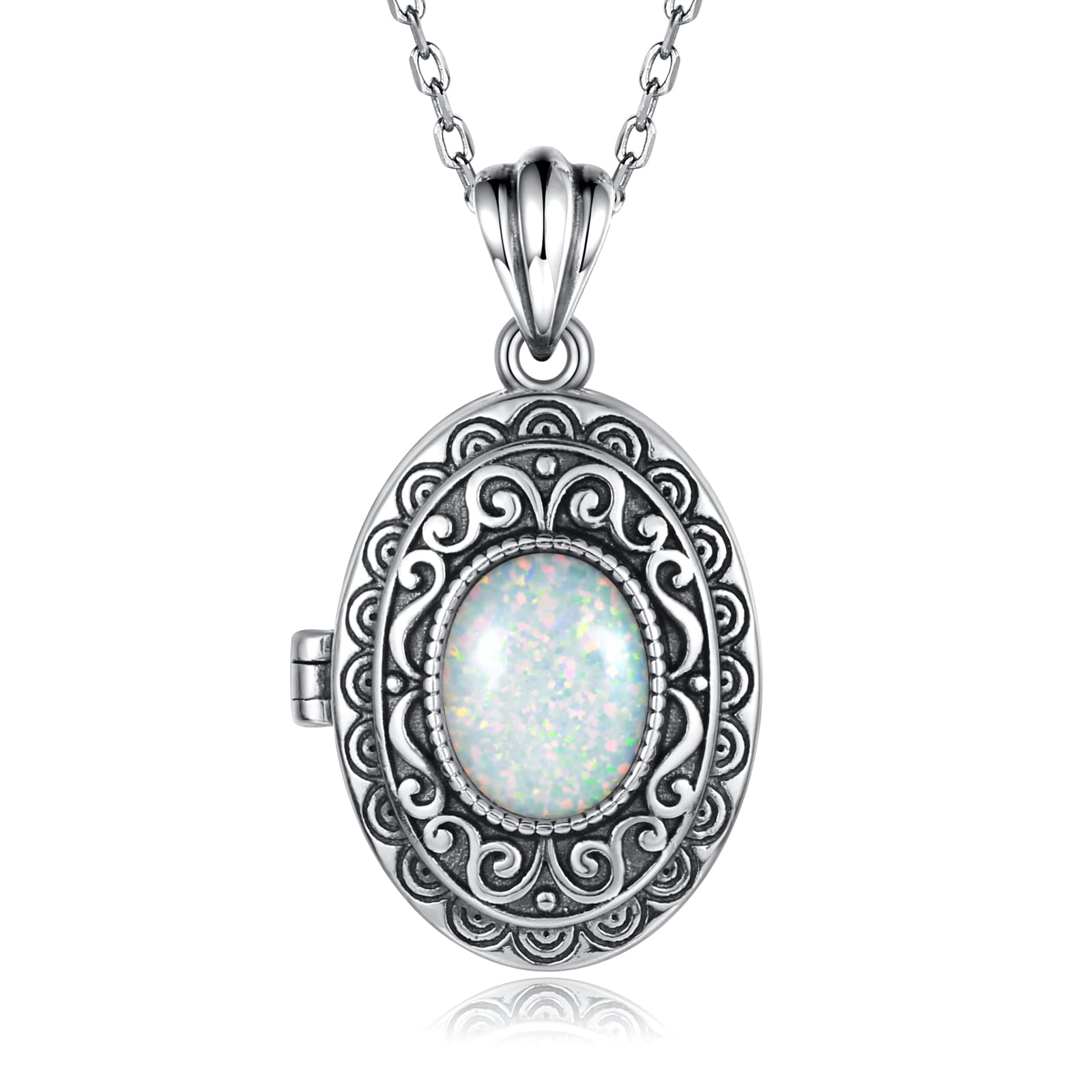 MANBU Sterling Silver Locket Necklace for Women Oval-Shaped Locket Pendant Holds Pictures Always with You Vintage Style Photos Locket Jewelry Gifts for Loved One (opal locket necklace)