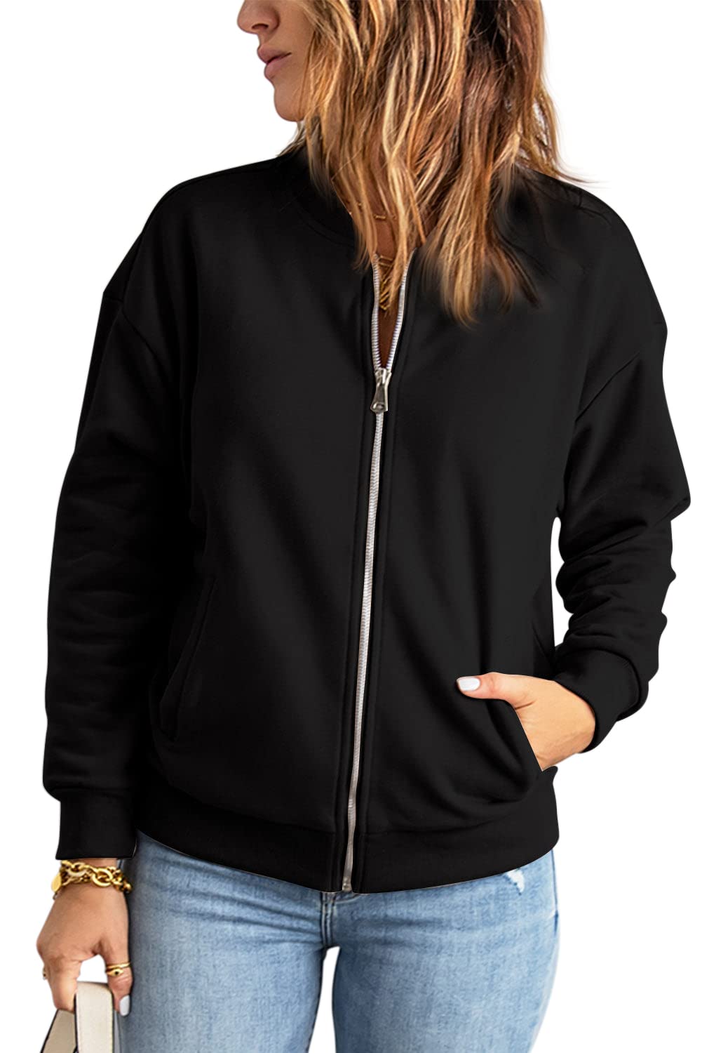 GeGekoko Womens Zip Up Sweatshirts Jackets Long Sleeve Casual Loose Outwear with Pockets Black