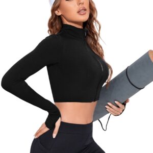 SweatyRocks Women's Long Sleeve Stand Collar Zip Up Crop Top Stretchy Sports Jacket Activewear Black S