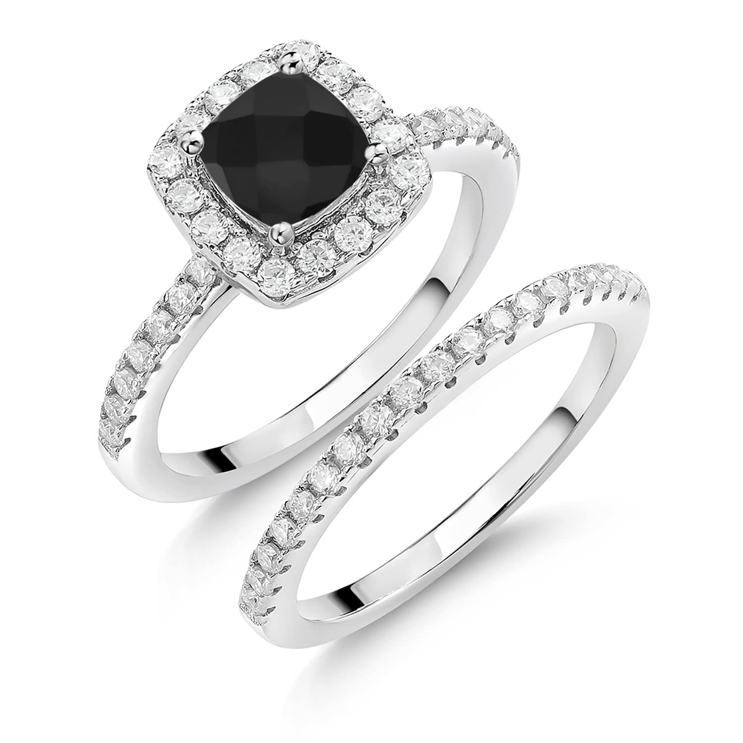 Gem Stone King 925 Sterling Silver Black Onyx and White Moissanite Wedding Engagement Ring Band Bridal Set For Women (1.44 Cttw, Gemstone Birthstone, Available In Size 5, 6, 7, 8, 9)