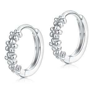 small hoop earrings for women |925 sterling silver post 10mm flower cluster huggie hoop earrings, hypoallergenic cartilage piercing hoops jewelry, silver