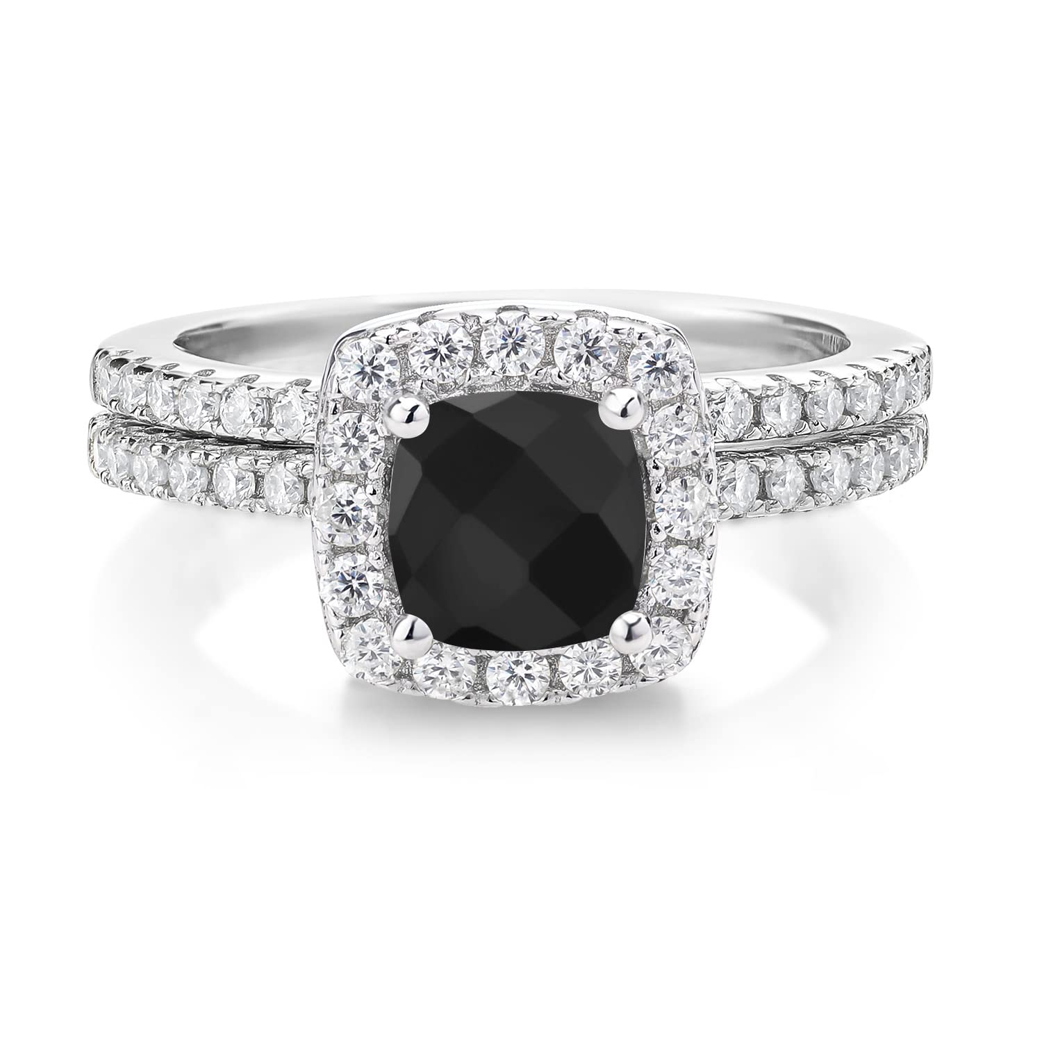 Gem Stone King 925 Sterling Silver Black Onyx and White Moissanite Wedding Engagement Ring Band Bridal Set For Women (1.44 Cttw, Gemstone Birthstone, Available In Size 5, 6, 7, 8, 9)