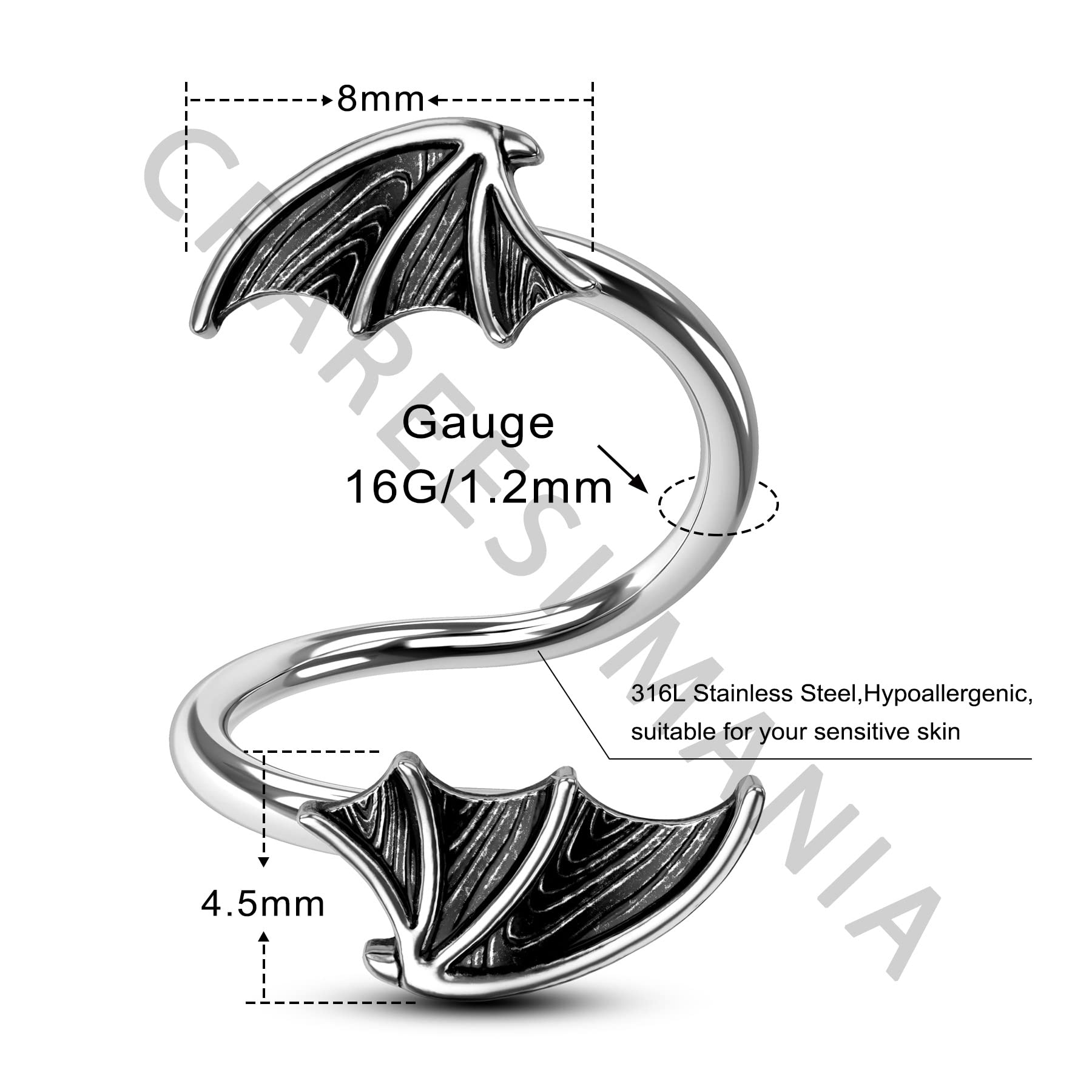 CM Crareesi Mania Bat Twist Helix Earrings 316L Stainless Steel Spiral Barbell 16G Helix Piercing Jewelry for Halloween Conch Tragus Piercing Jewelry