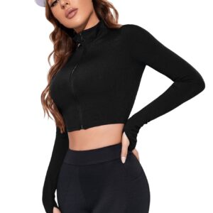 SweatyRocks Women's Long Sleeve Stand Collar Zip Up Crop Top Stretchy Sports Jacket Activewear Black S