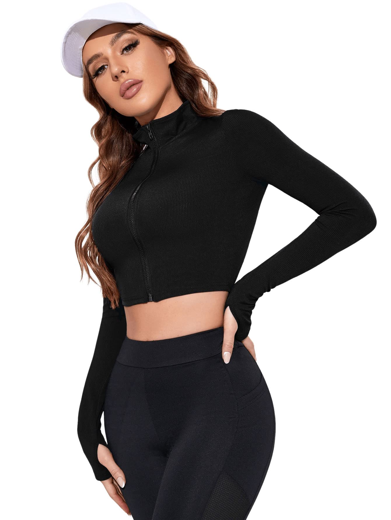 SweatyRocks Women's Long Sleeve Stand Collar Zip Up Crop Top Stretchy Sports Jacket Activewear Black S